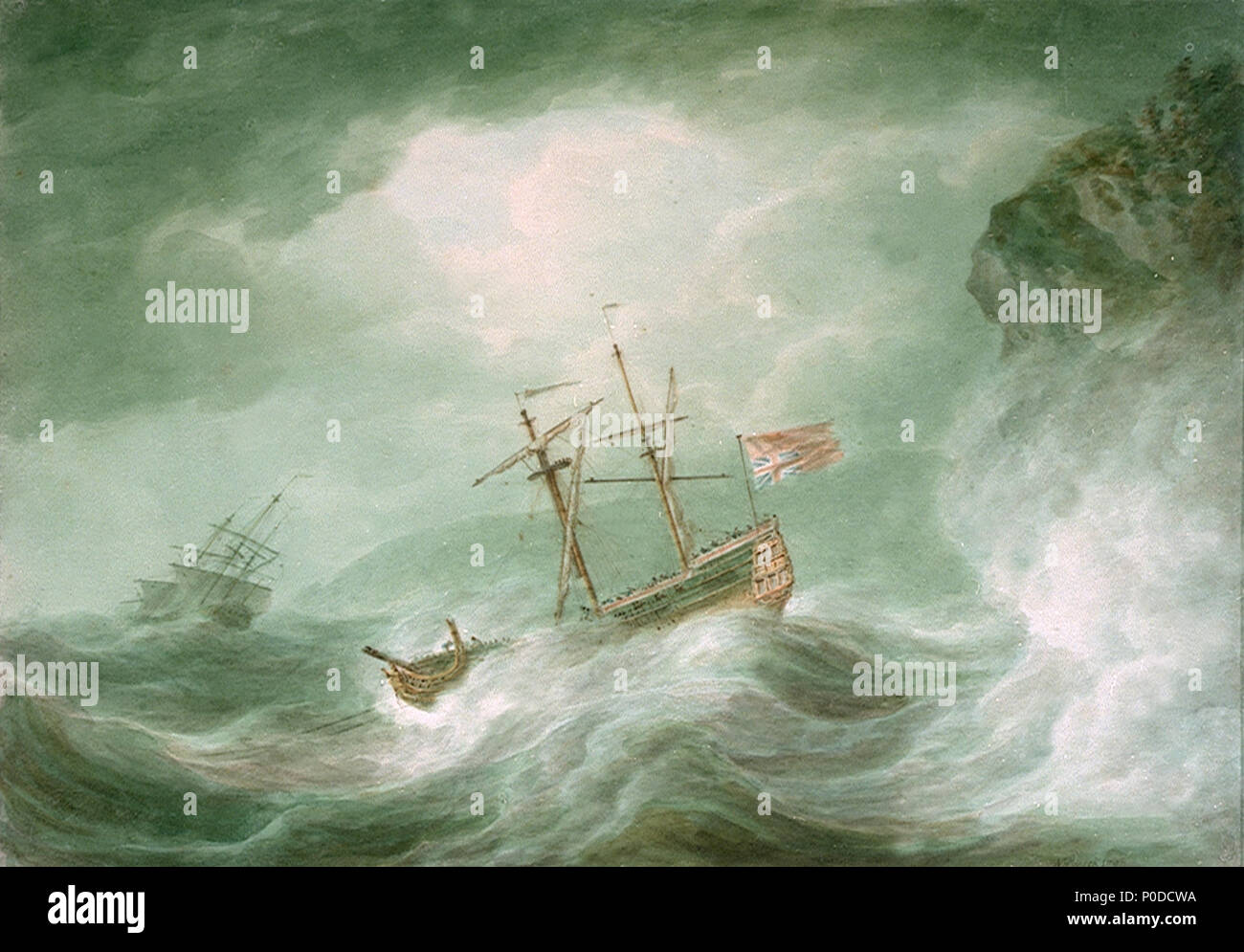 . English: A storm, with an anchored ship in distress off rocky coast A ...