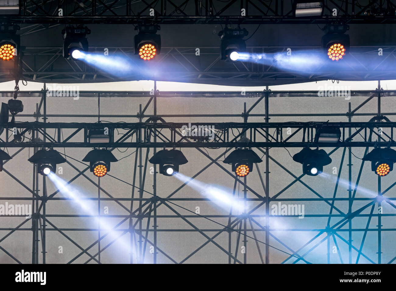 professional lightning equipment, spotlights on outdoor concert stage ...