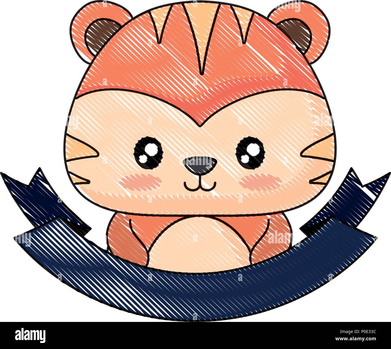 decorative ribbon and cute tiger icon over white background, vector ...