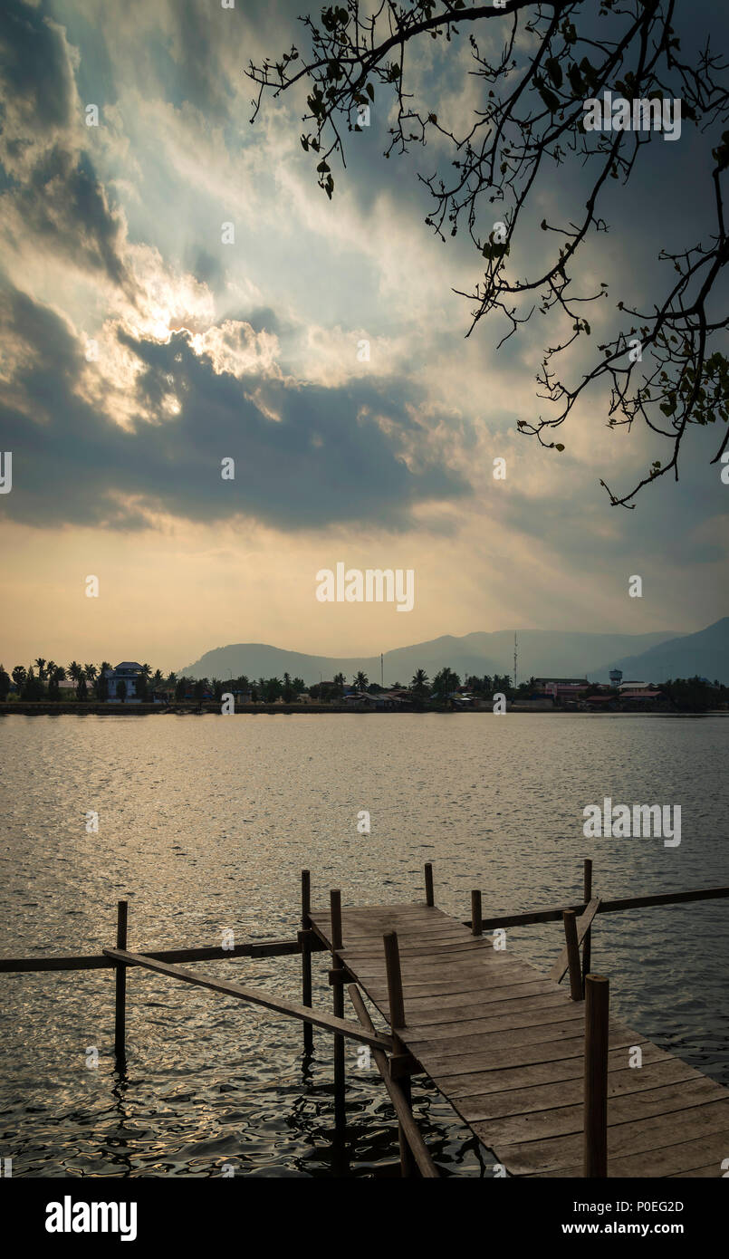 pier and river landscape view at sunset in kampot town cambodia Stock ...