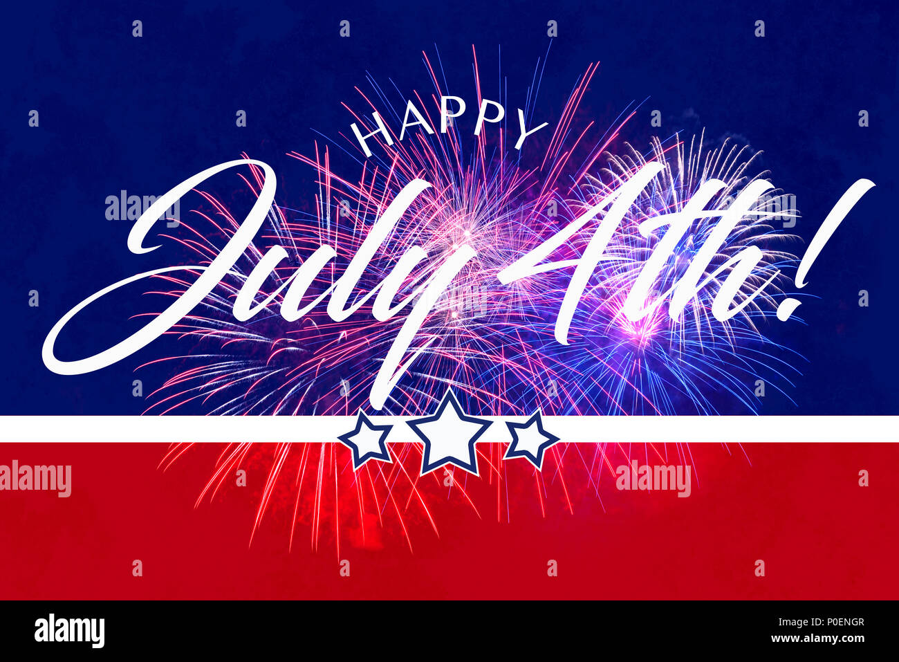 Happy JUly 4th greeting with red and blue background with fireworks ...