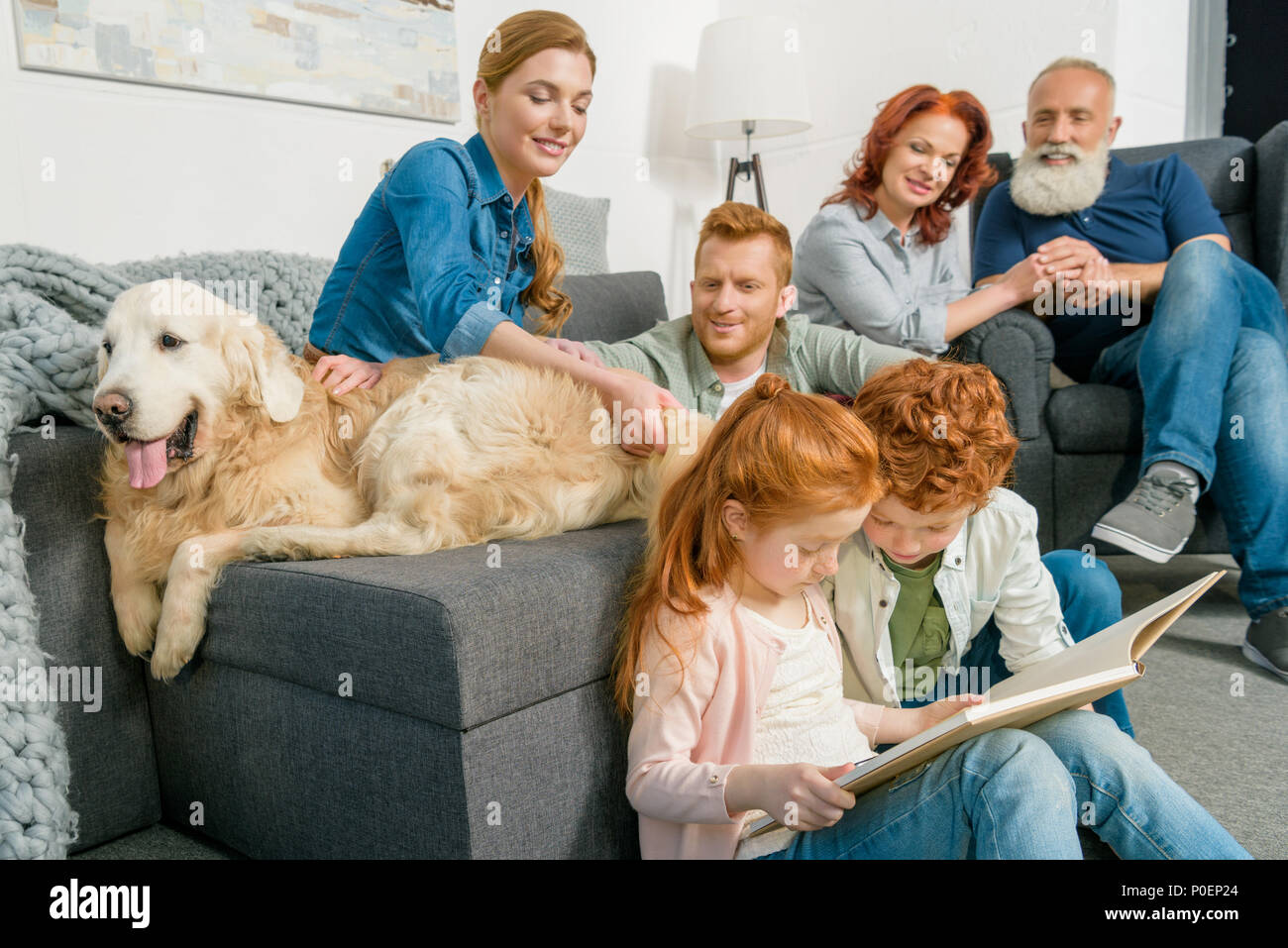 big family with dog spending time together at home Stock Photo - Alamy