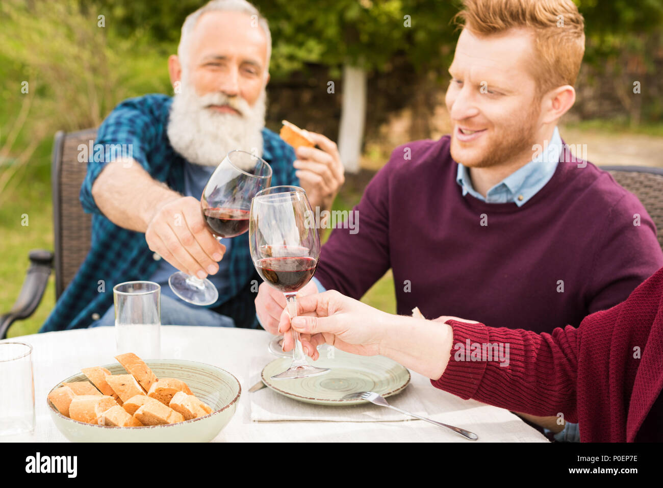 parents and adult son clinking glasses of wine while having dinner ...
