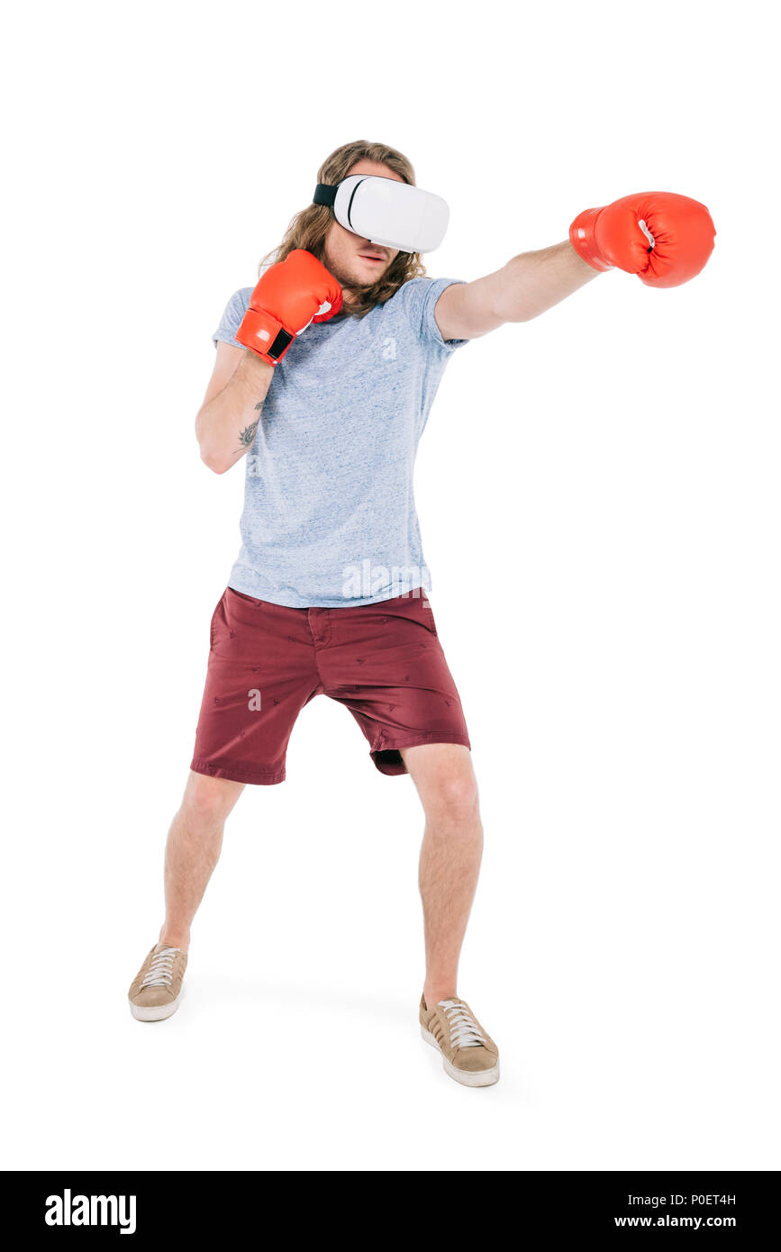 full length view of handsome young man in virtual reality headset ...