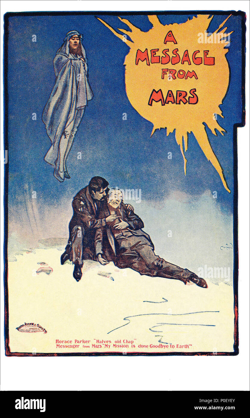 Vintage promotional postcard for the play A Message From Mars by Richard Ganthony Stock Photo ...