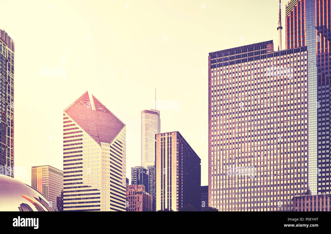 Retro stylized picture of Chicago skyline at sunset, USA Stock Photo ...