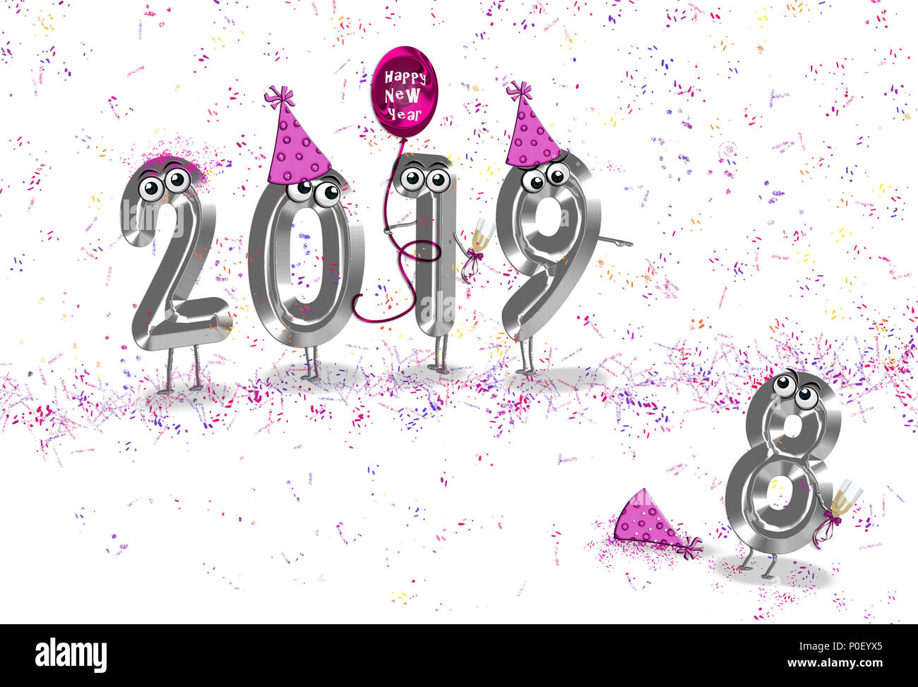 silver metal text numbers with party hats and balloon in confetti for ...