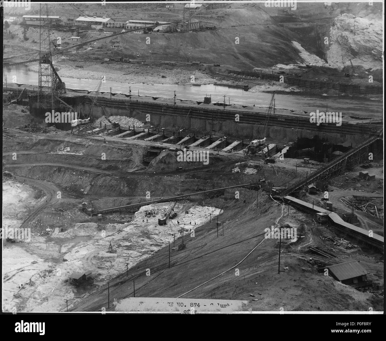 View inside of west cofferdam showing heavy timber bracing across the ...