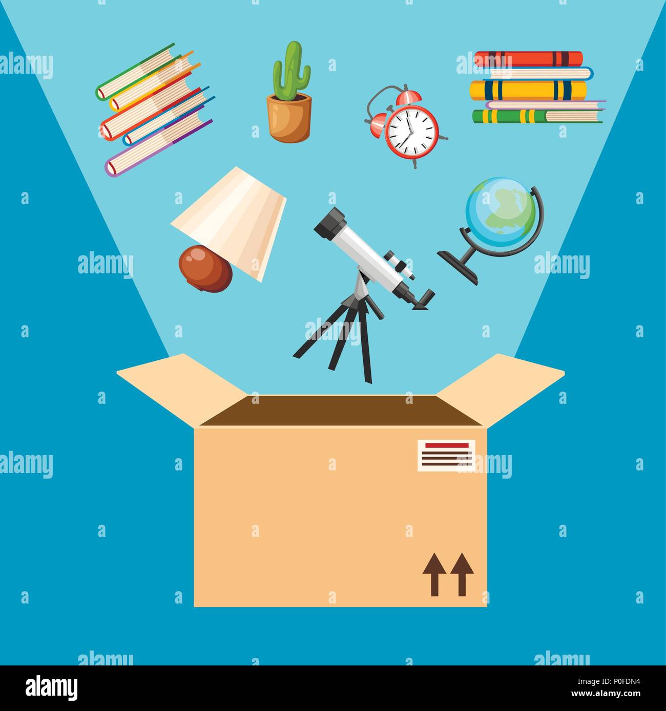 Empty cardboard box. Opened cardboard box with falling objects ...