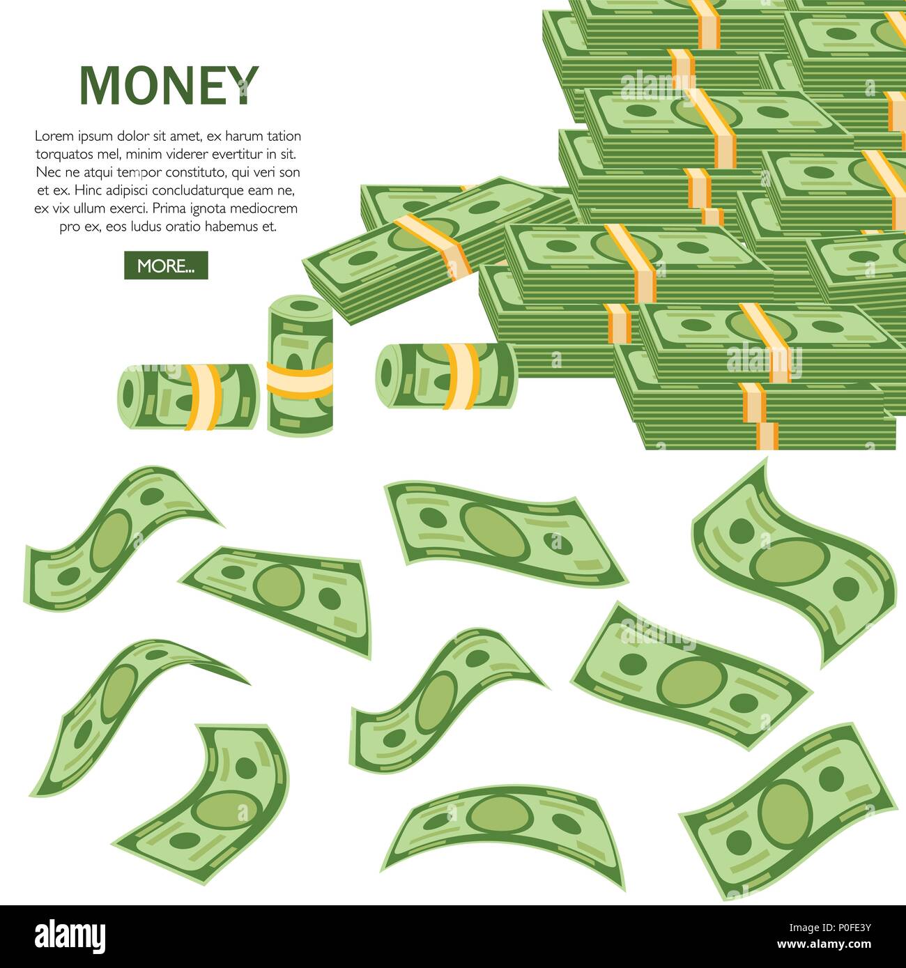 Flat money bills. Green dollar banknotes. Vector illustration with ...