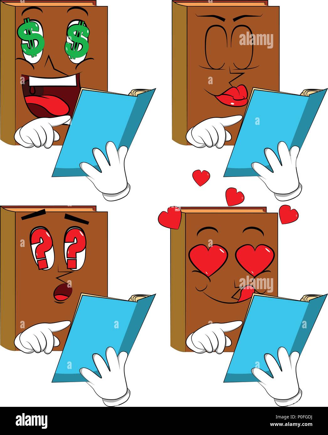 Books reading and pointing at an opened book. Cartoon book collection ...