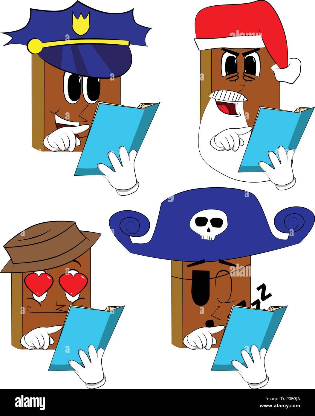 Books reading and pointing at an opened book. Cartoon book collection ...