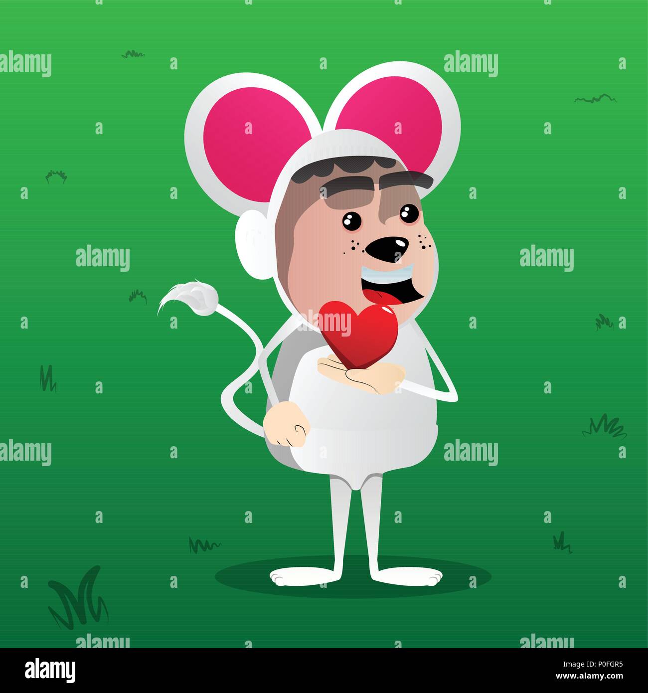 Boy dressed as mouse holding red heart in his hand. Vector cartoon ...
