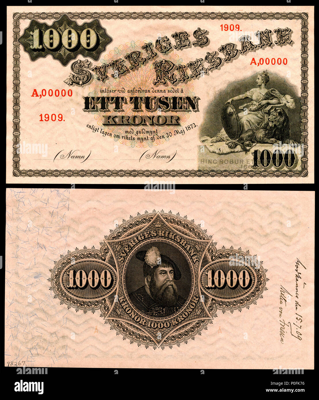 . English: Sweden, Sveriges Riksbank, 1000 Kronor specimen (1909). The ...