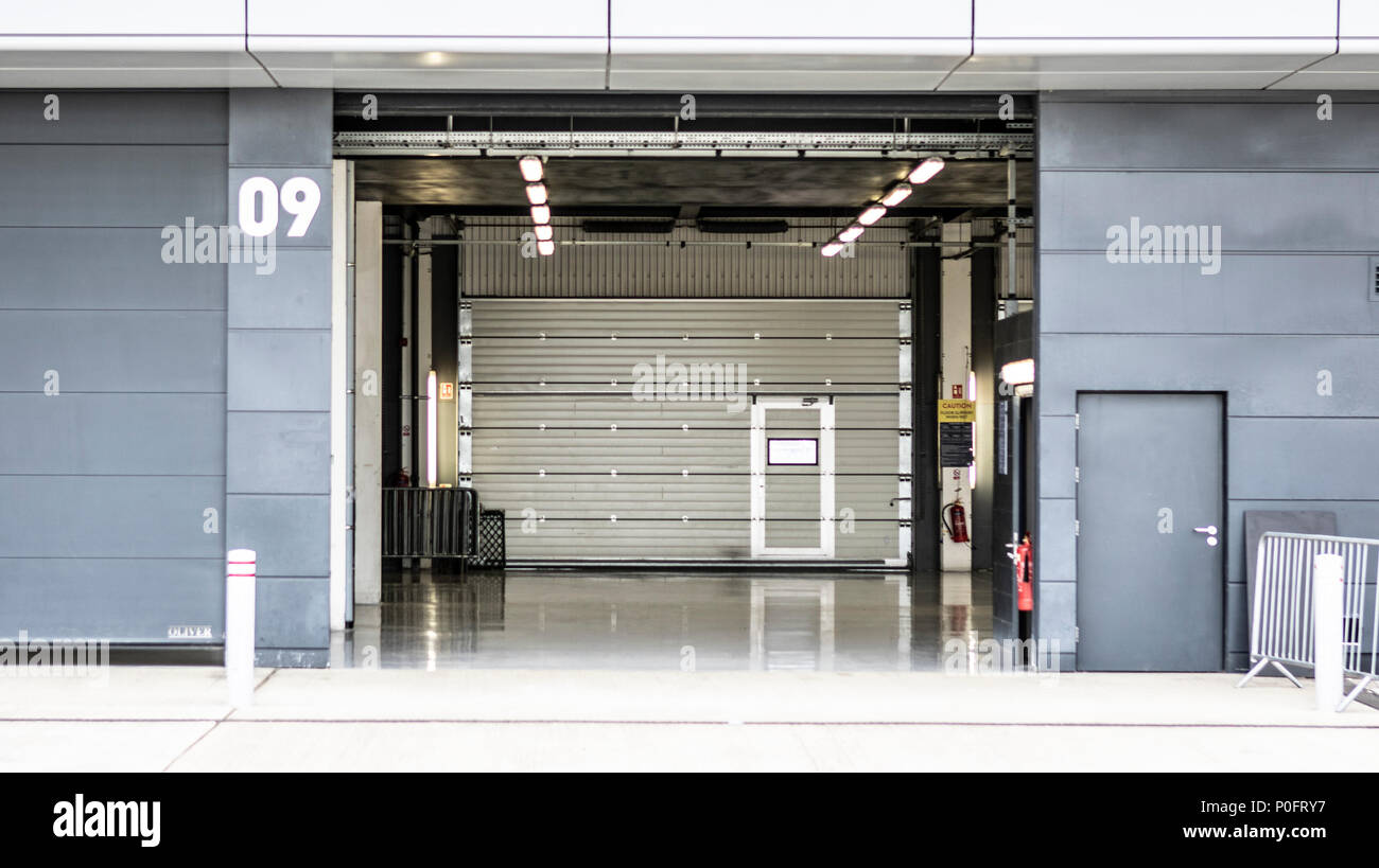 SILVERSTONE UK - JUNE 8, 2018: Empty Pit Garage at the Silverstone ...
