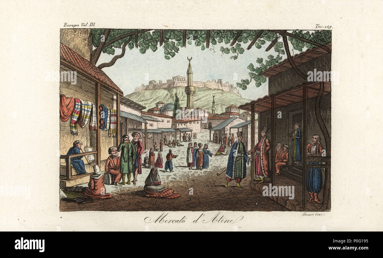 View of the market or bazaar in Athens, 18th century. Greek, Turkish ...