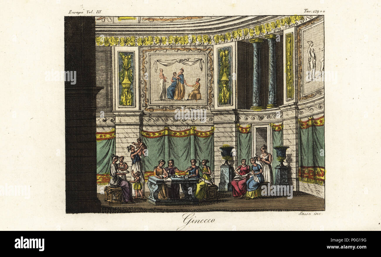 Scene in a gynaeceum, women's quarters, Ancient Greece. One woman ...