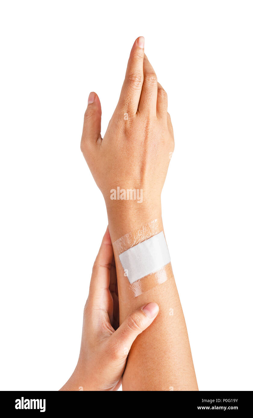 Adhesive bandage with transparent waterproof on hand woman. Isolated on ...