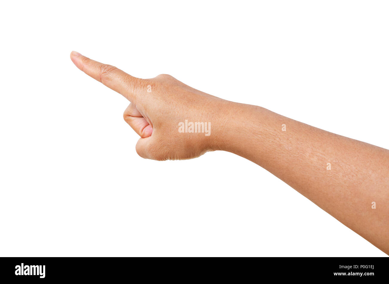 Closeup of female hand pointing. Isolated on white background, save ...