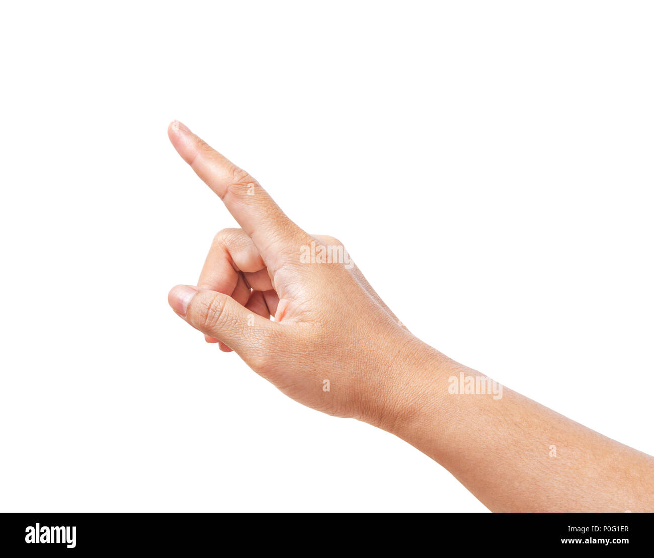 Hand pointing, touching or pressing isolated on white. Caucasian female ...