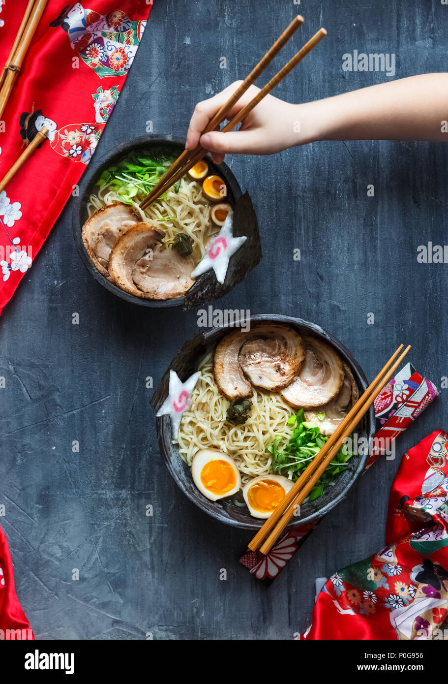 Japanese ramen soup with pork, egg and chives Stock Photo - Alamy