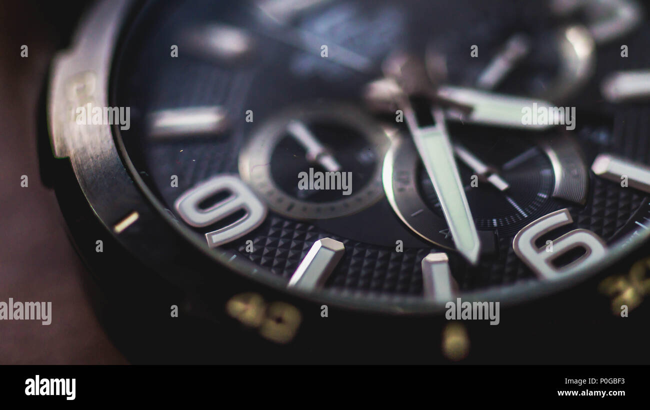 closeup of watch with chronometer on wooden background. time Stock ...