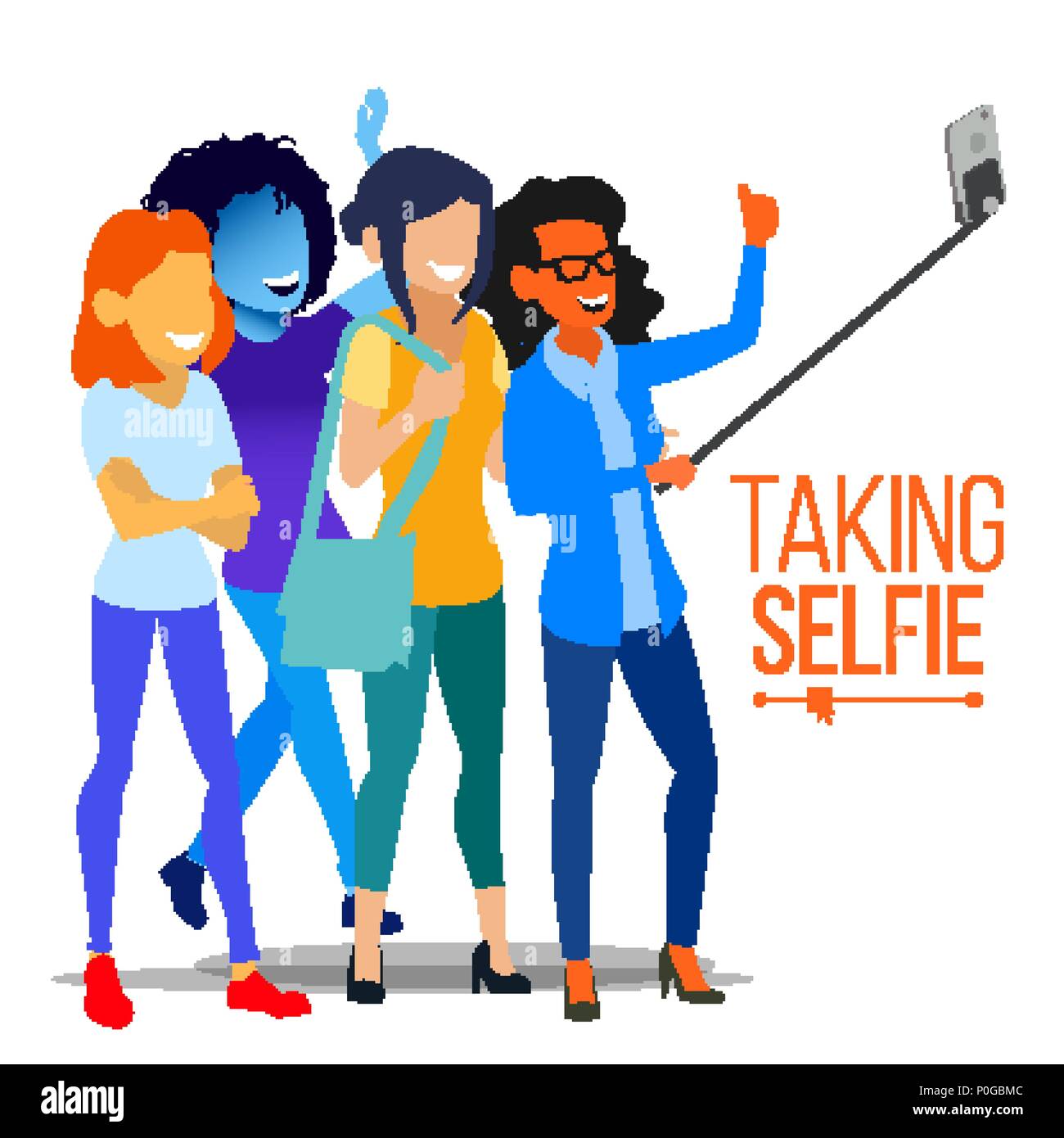 Girls Taking Selfie Vector. Photo Portrait Concept. Self Camera. Modern ...