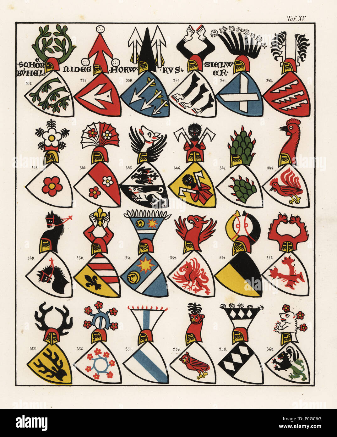 Swiss coats of arms, c. 1340. Chromolithograph by A. Graeter from Die ...