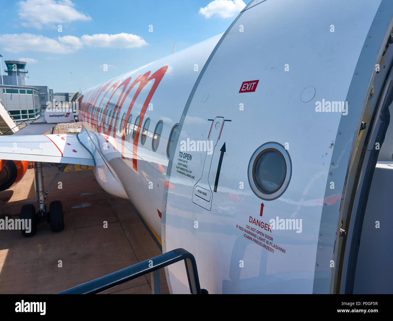 Doors and the side of an easyjet Airbus A320 aircraft as seen while ...