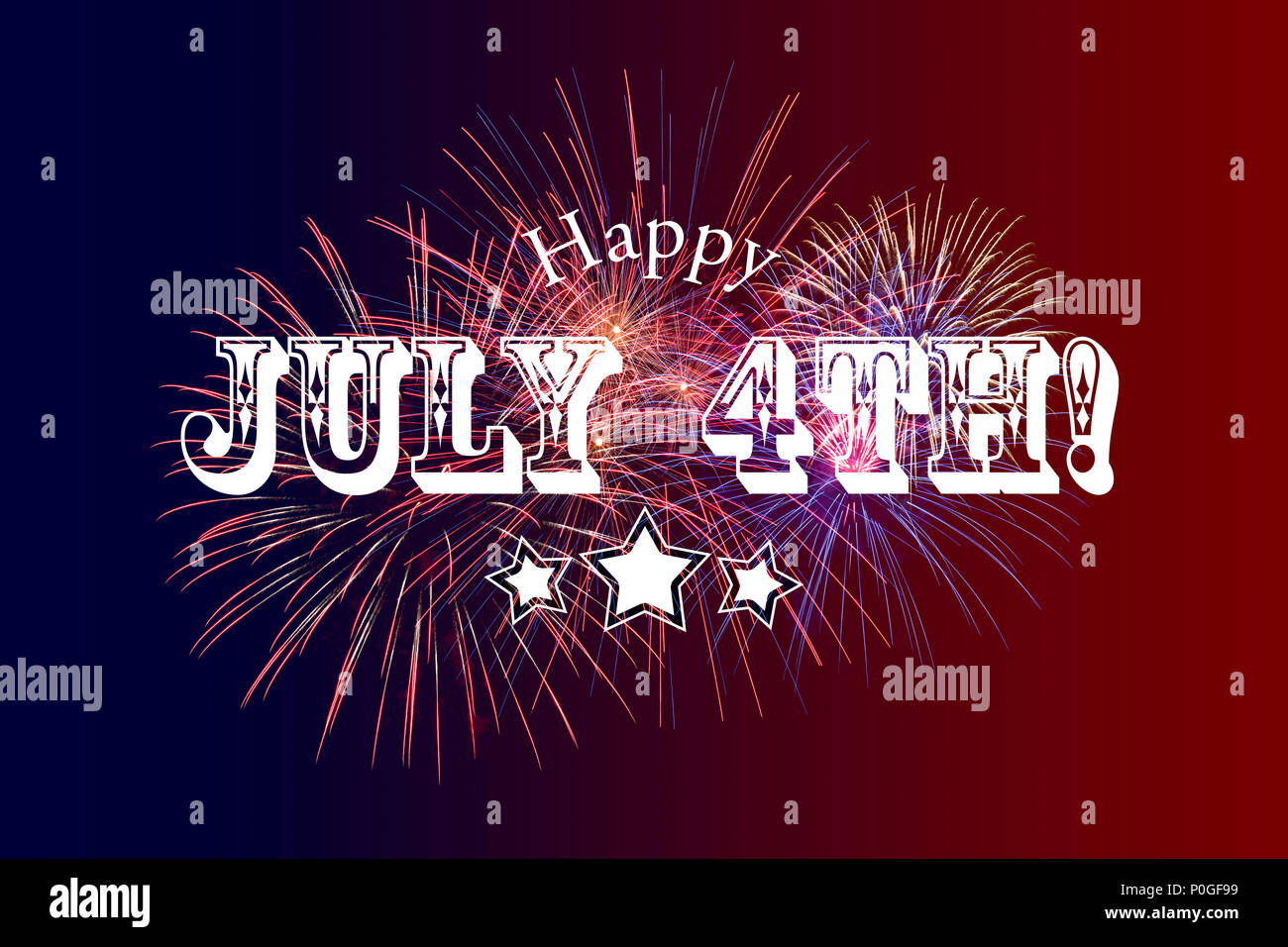 Happy JUly 4th greeting with red and blue background with fireworks ...