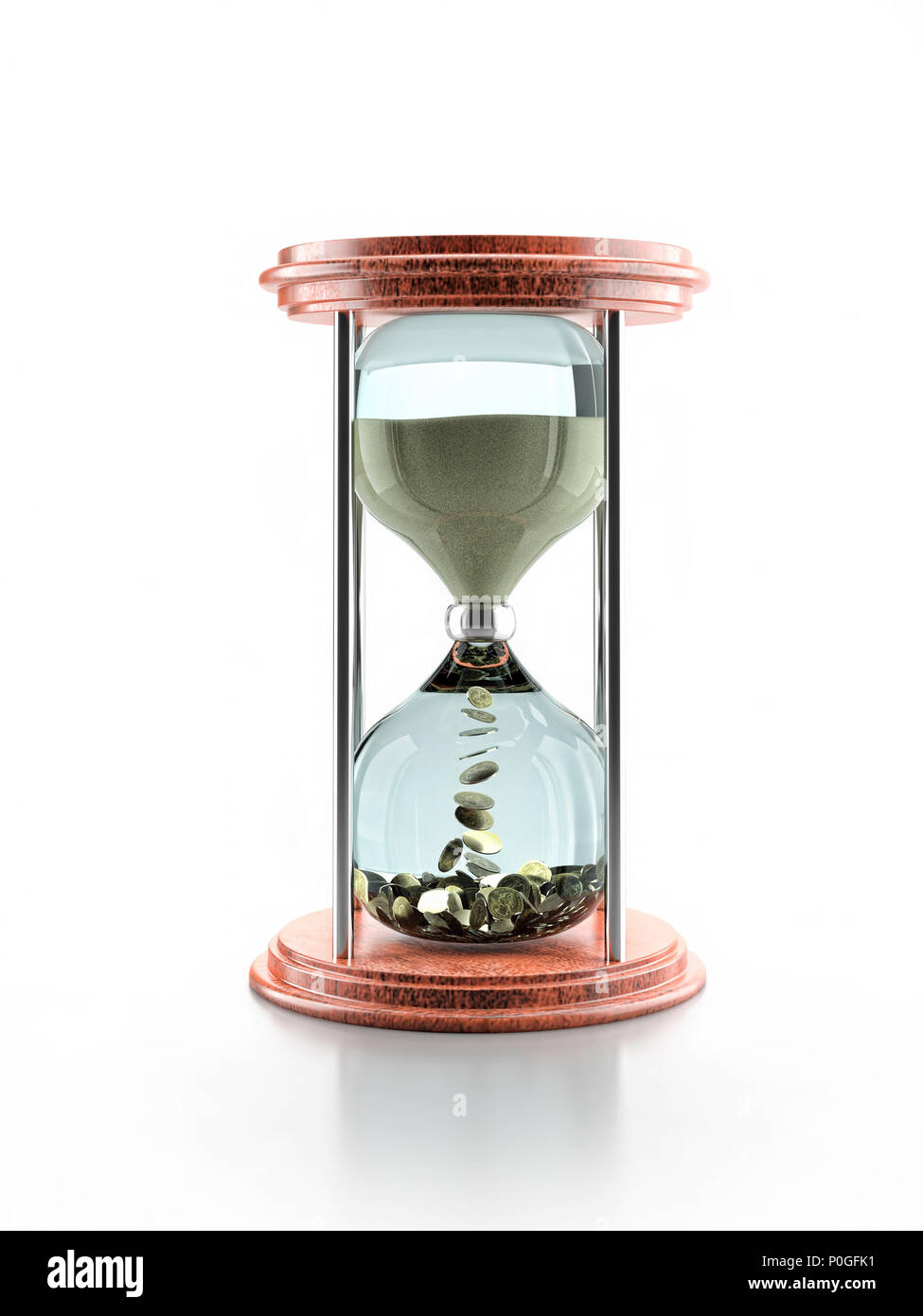 3D render of stylish hour glass with flowing sand changing into golden ...