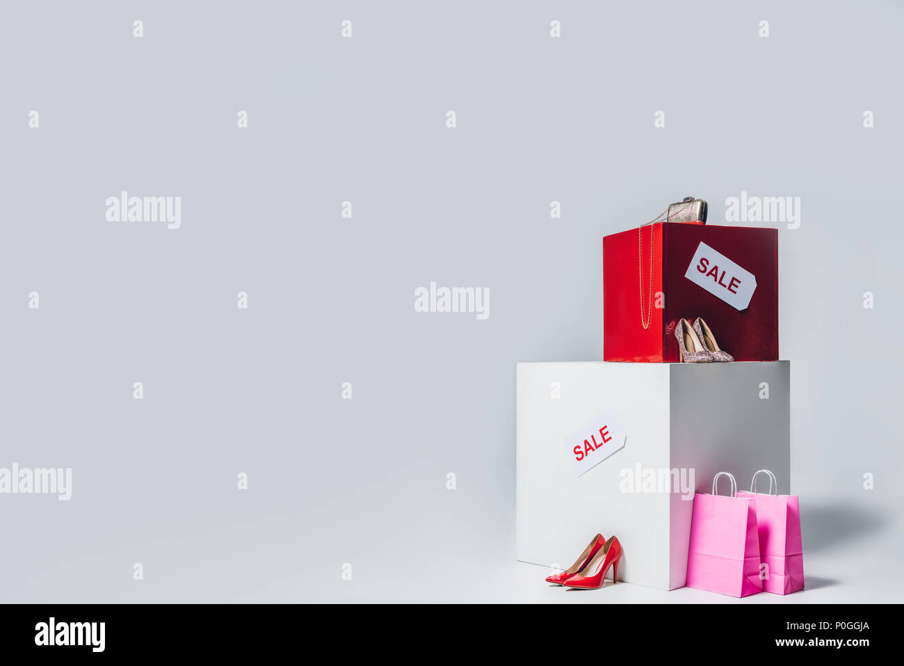 handbag, high heels, shopping bags and sale signs, summer sale concept ...