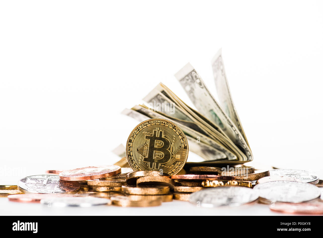 close-up view of bitcoins and dollar banknotes isolated on white Stock ...