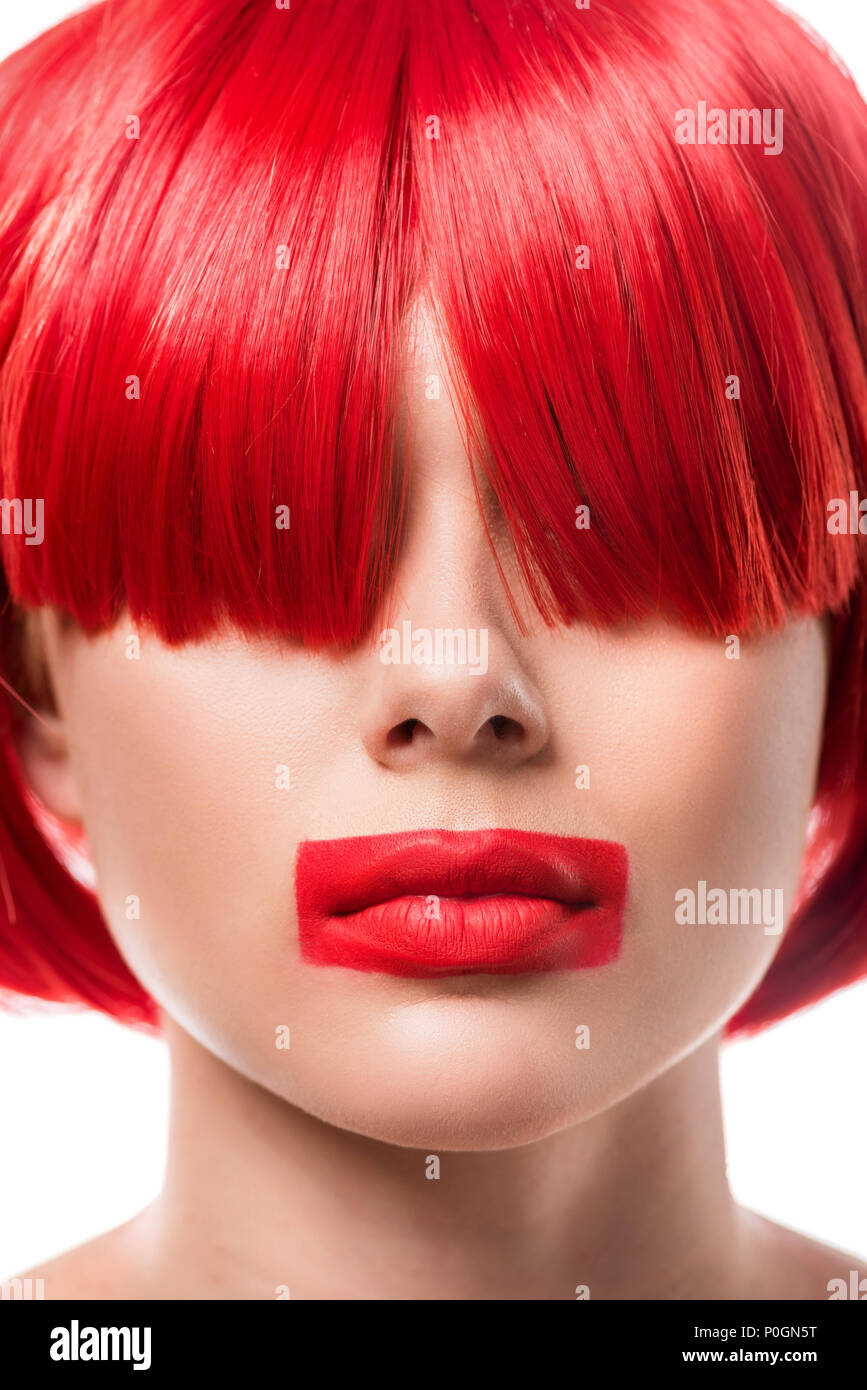beautiful woman with red hair and red lips in shape of rectangle ...