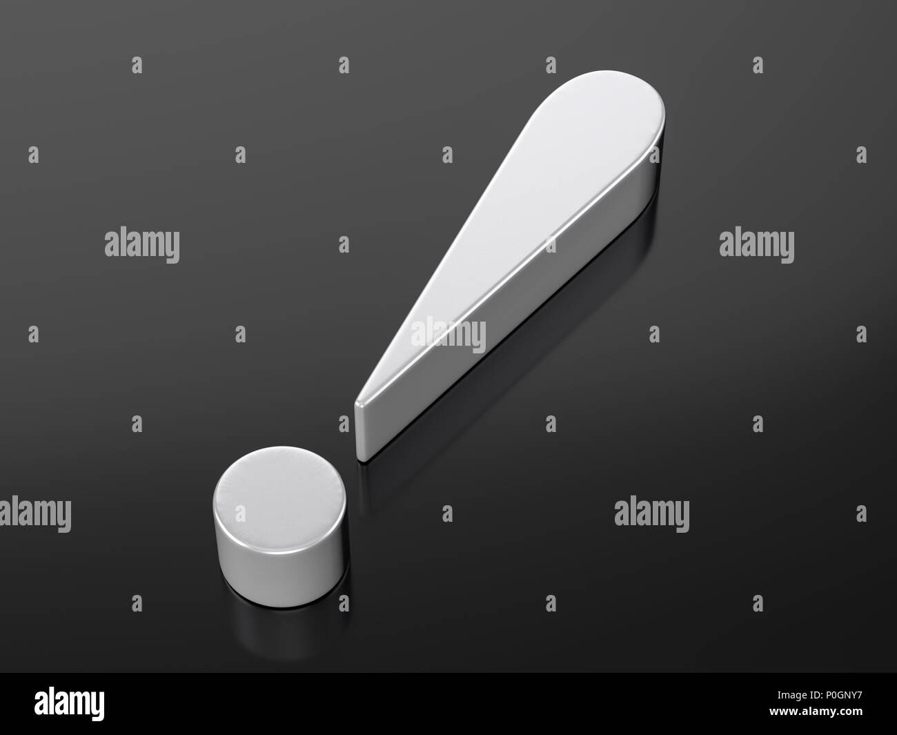 Metallic exclamation mark symbol on a black background. 3d illustration ...