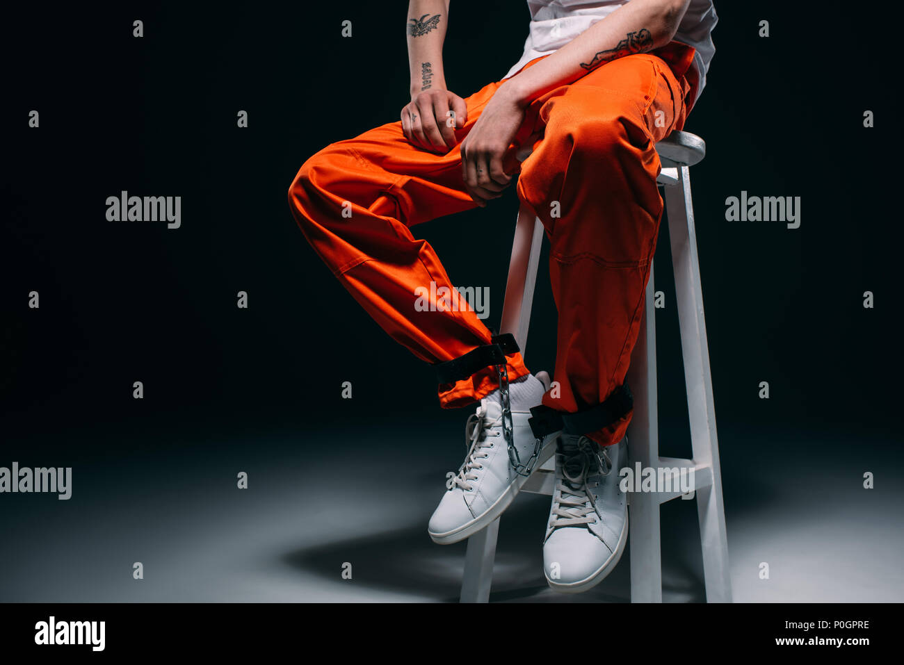 Cropped view of man in prison uniform with cuffs on legs sitting on ...
