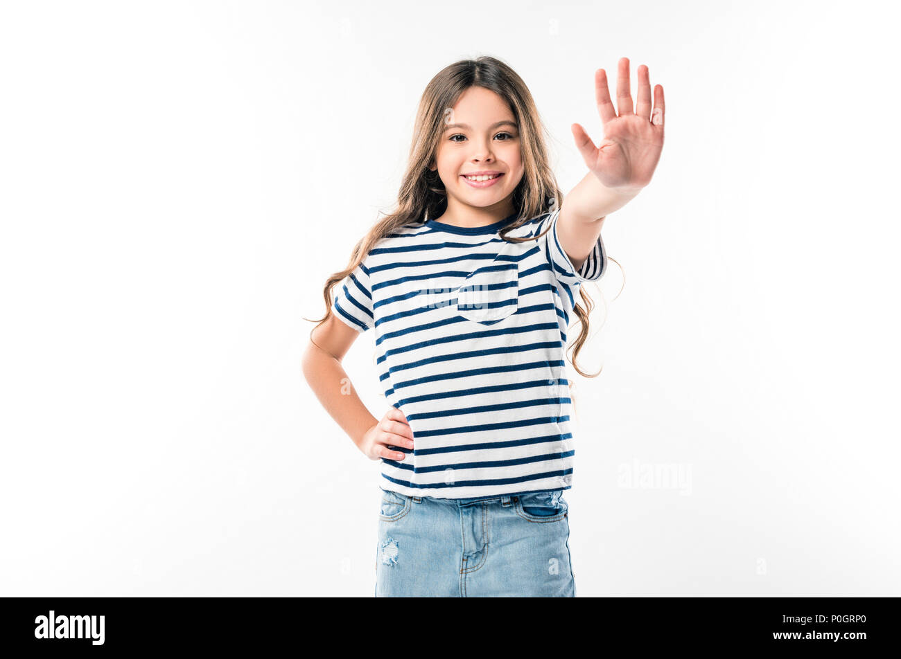 Smiling kid giving high five isolated on white Stock Photo - Alamy
