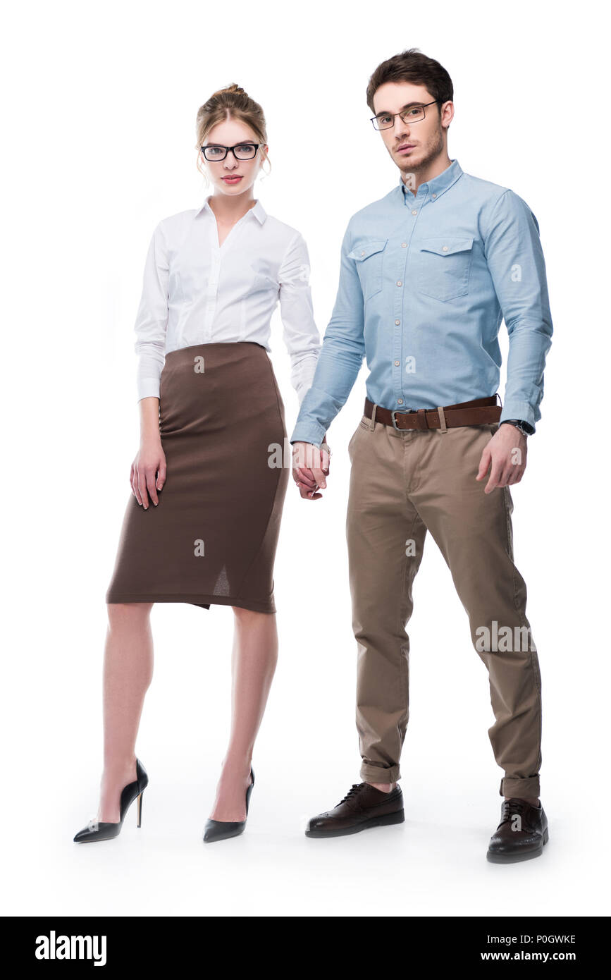 businesspeople in formal wear holding hands, isolated on white Stock ...