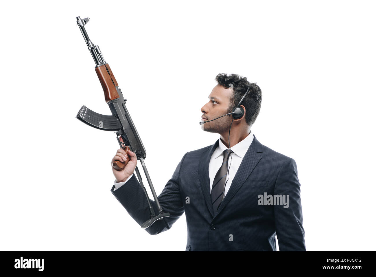 african american bodyguard with rifle and headset, isolated on white ...