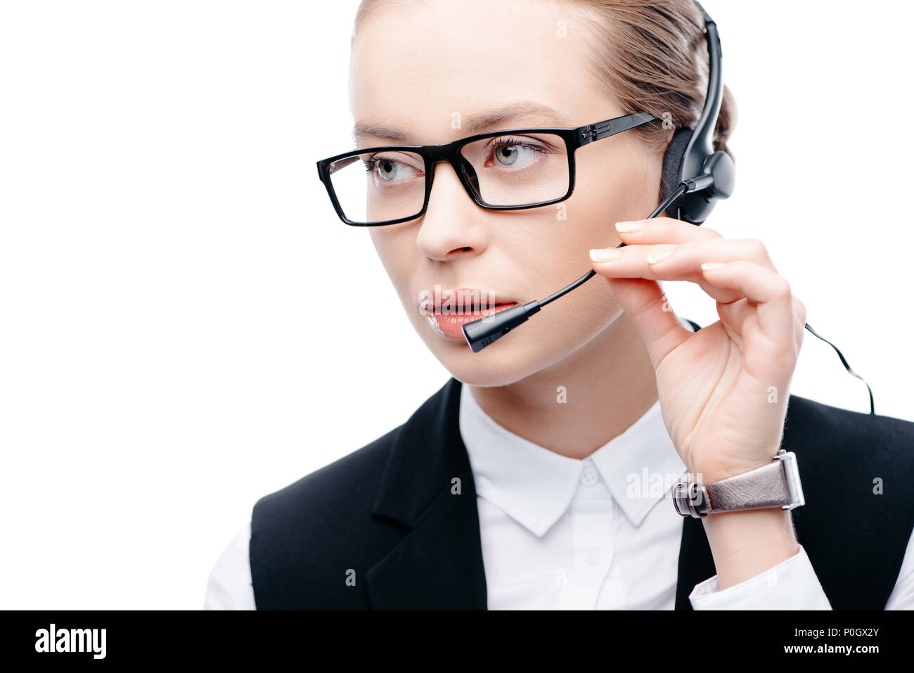 female operator working with headset, isolated on white Stock Photo - Alamy