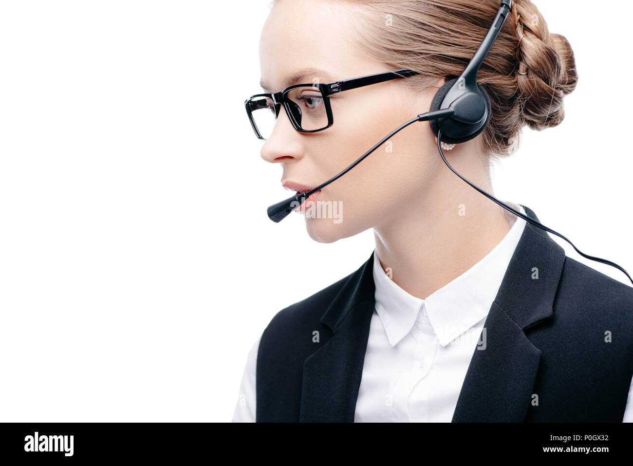 female operator working with headset, isolated on white Stock Photo - Alamy