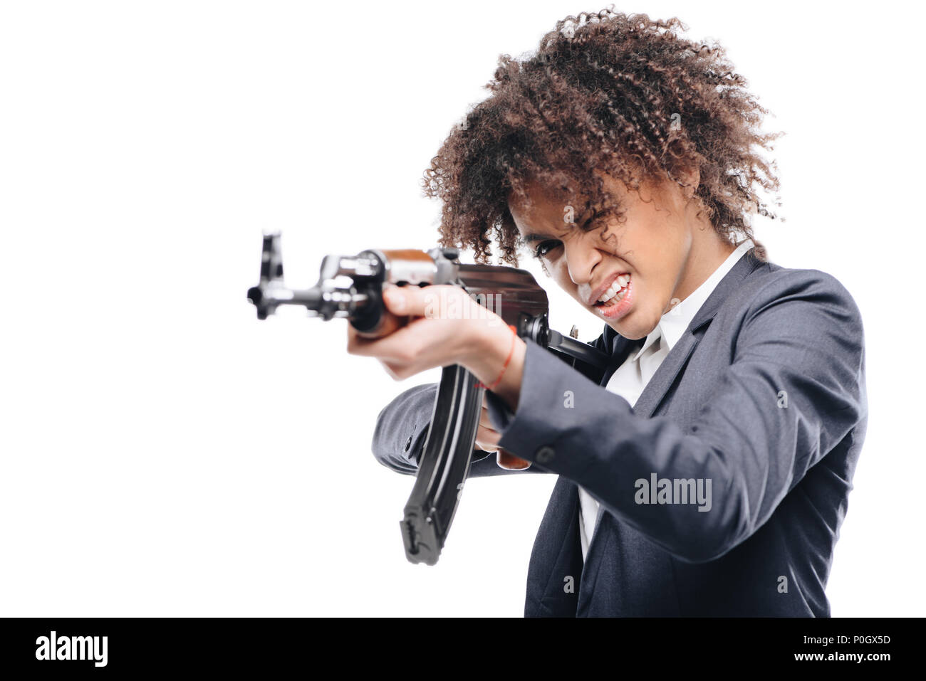 african american female secret agent aiming with rifle, isolated on ...