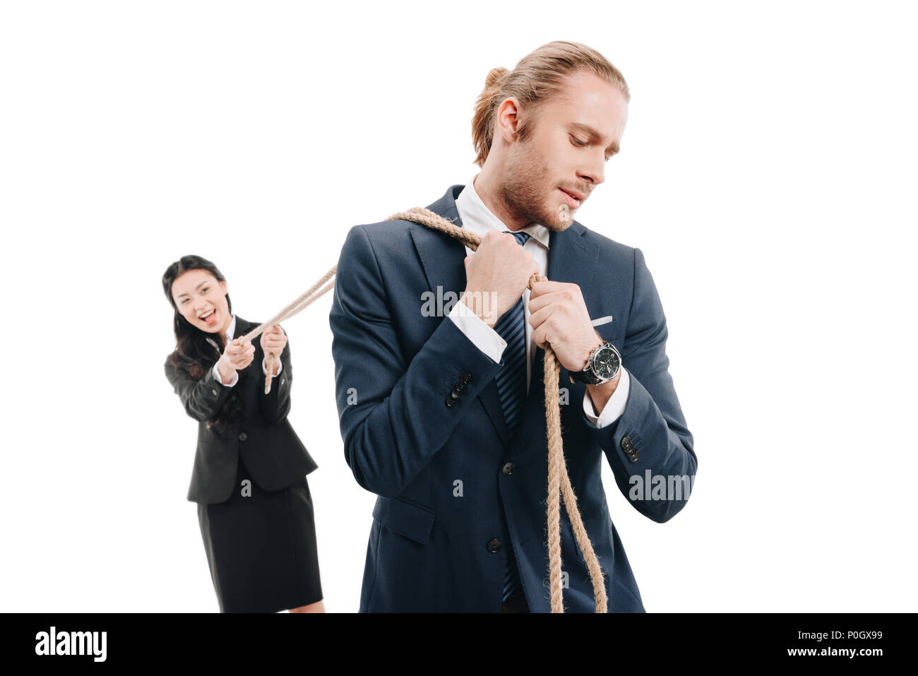 businessman in formal wear pulling rope with colleague, isolated on ...