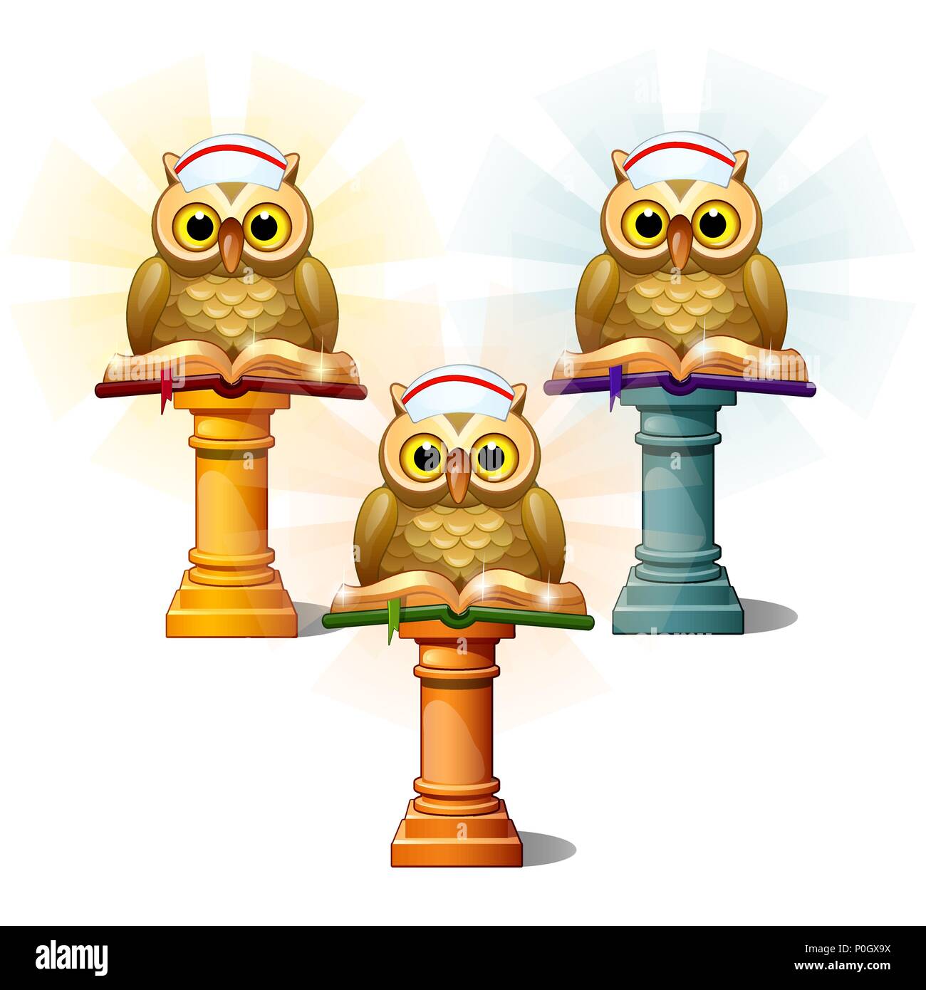 Three statues of owls with books on pedestals, isolated on white ...