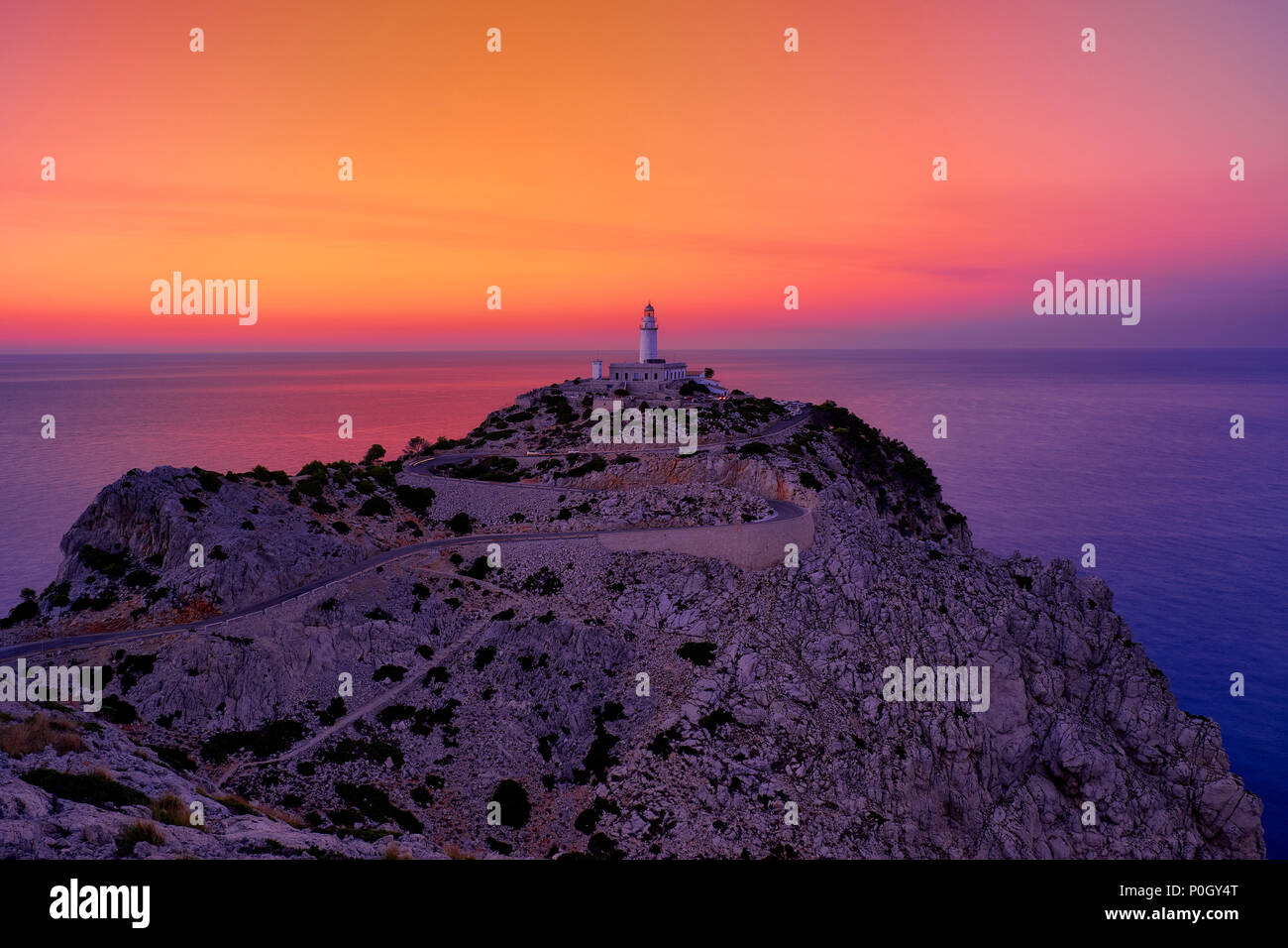 Sunset at the Formentor cape lighthouse. Balearic Islands, Mallorca ...
