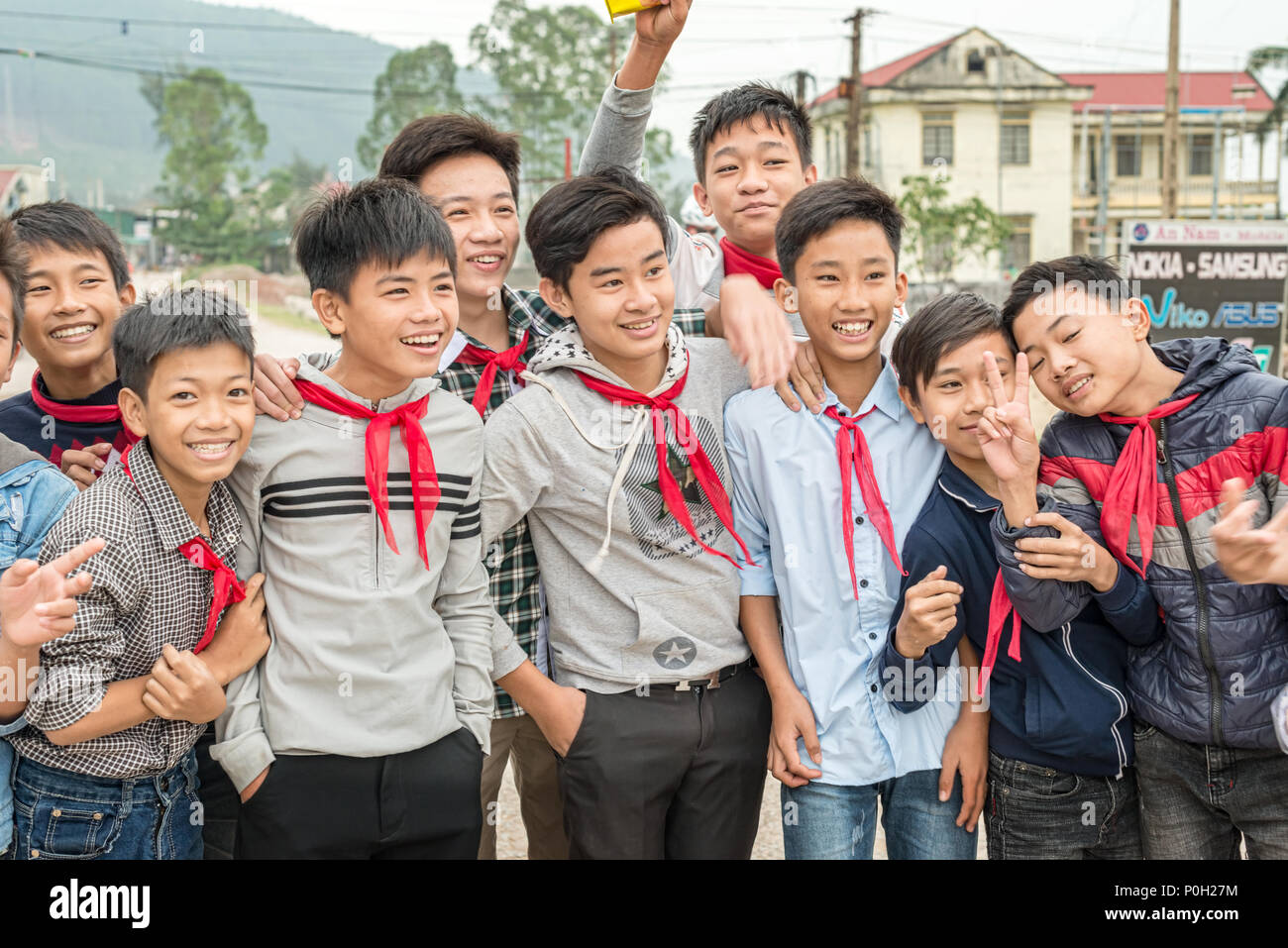 Vinh, Vietnam - November 1, 2017: Young teenage boys on the street in ...