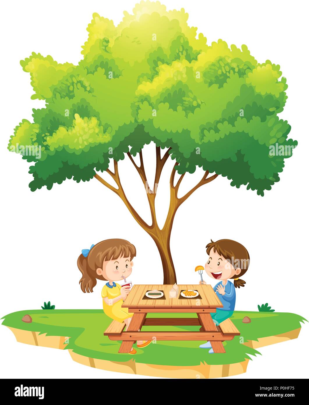 Two girls eating under a tree illustration Stock Vector Image & Art - Alamy