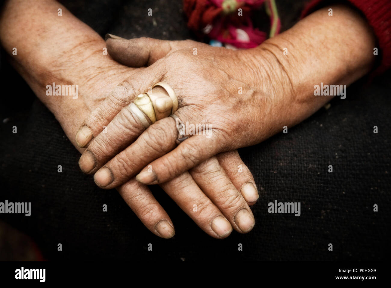 An older Peruvian woman's hands high in the Andes shows the dirt and ...