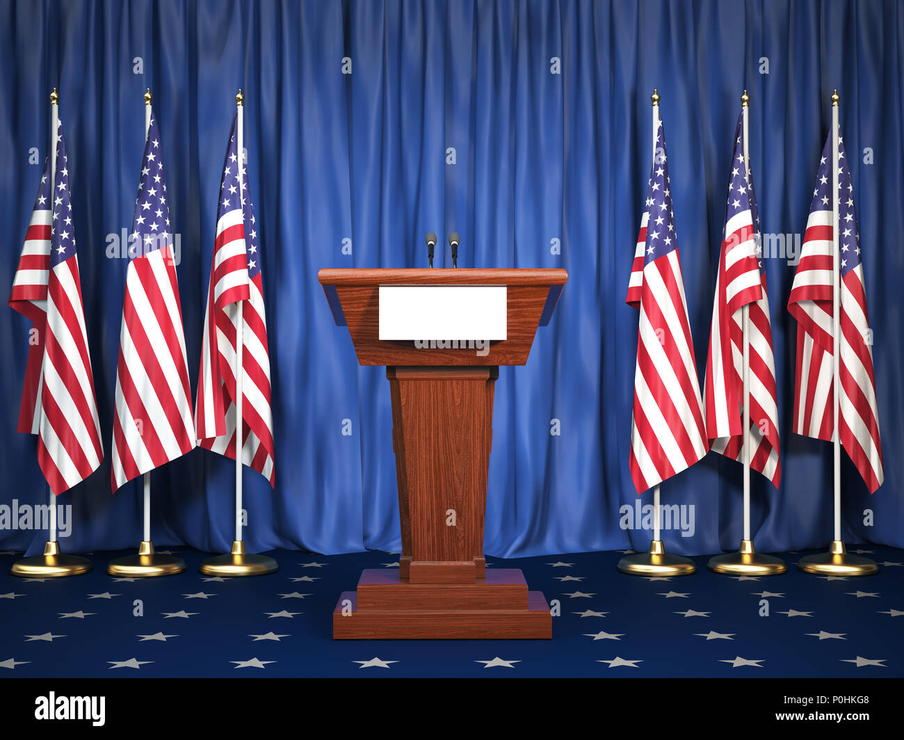 Podium speaker tribune with USA flags. Briefing of president of United ...