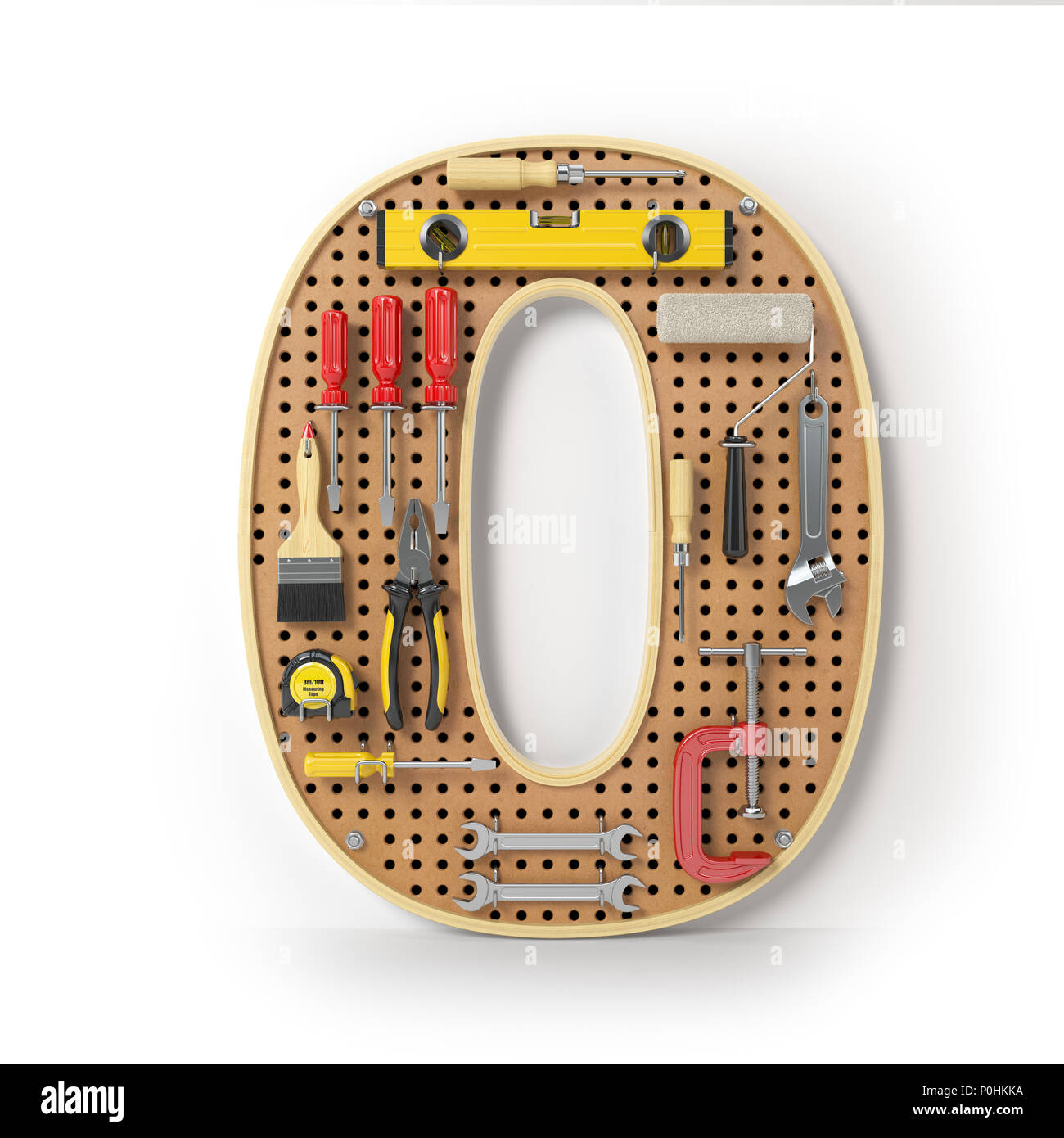 Number 0 zero Alphabet from the tools on the metal pegboard isolated on ...